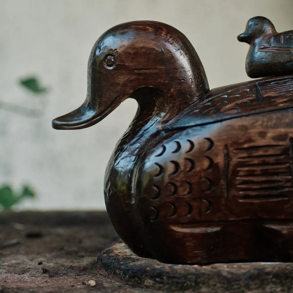 Jan Barboglio Pata Hand Wood Carved Duck with Iron Baby Duck on Lid ...
