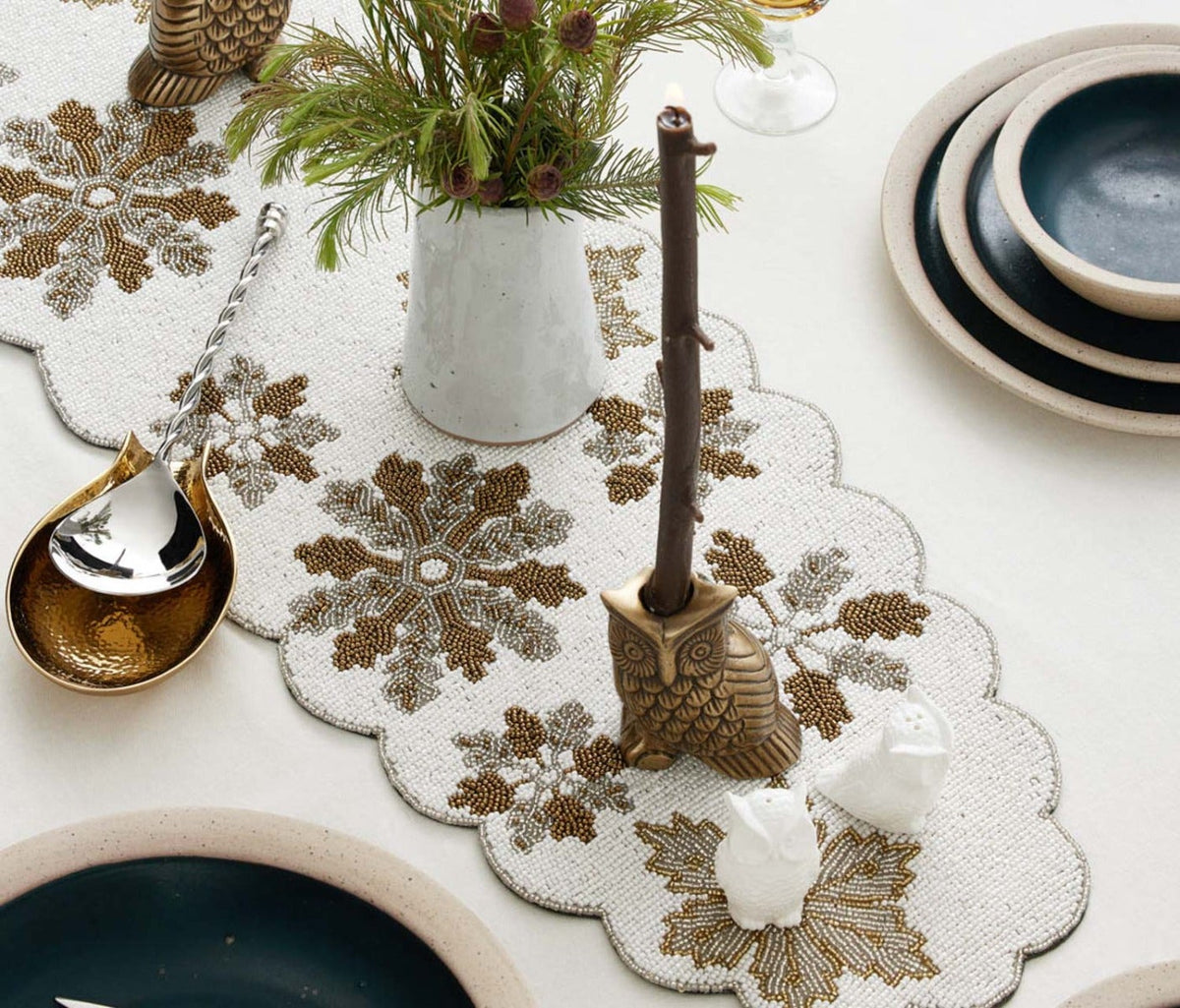 Blue Pheasant Elsa Beaded Snowflake Table Runner in White/Gold – The ...